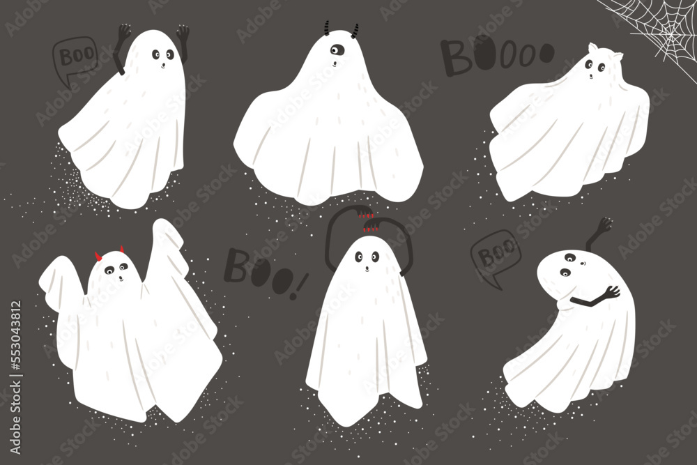 Set of cute cloth Ghosts with cartoon scary, spooky and funny faces ...