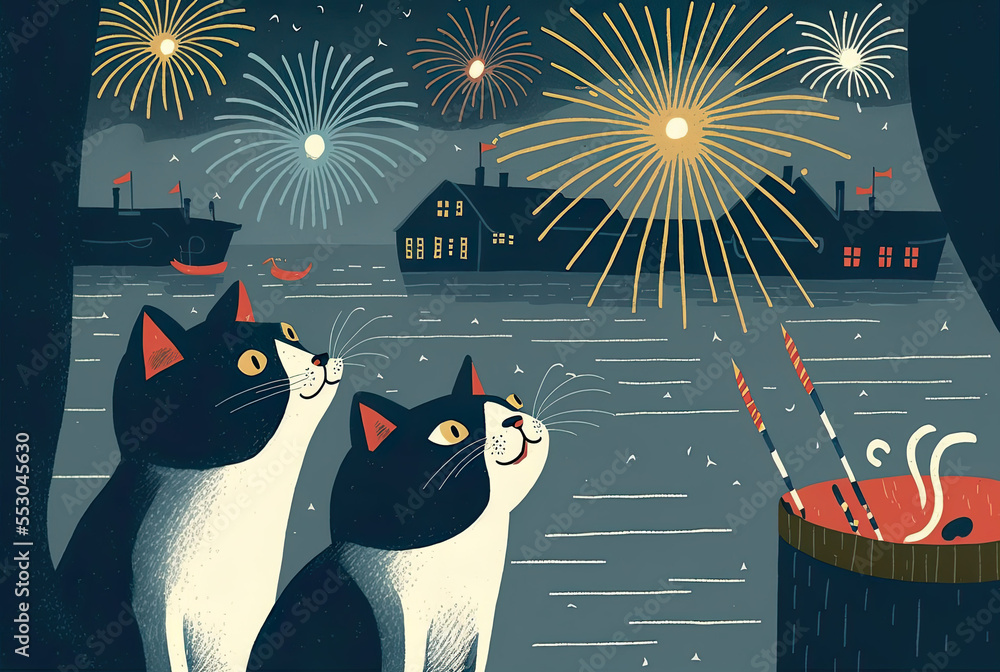 Cats watching fireworks, fireworks in the night, Sylvester, celebration ...