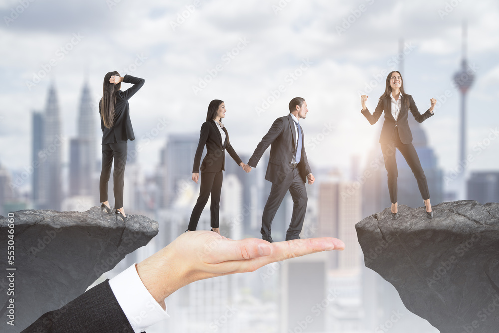 Abstract image of team helping each other walk through obstacle on ...