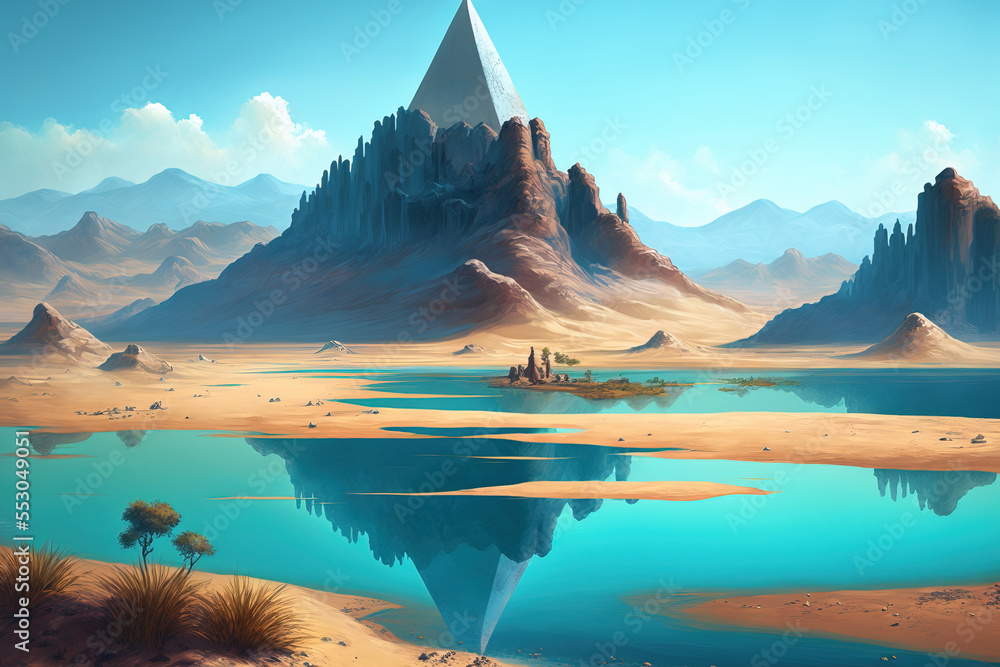Desert with the mysterious pyramids of ancient Egypt. Fantasy desert ...