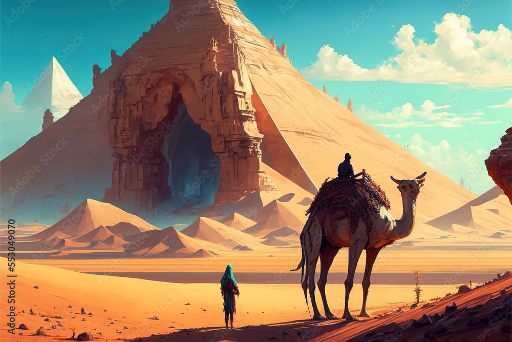 Desert with the mysterious pyramids of ancient Egypt. Fantasy desert ...