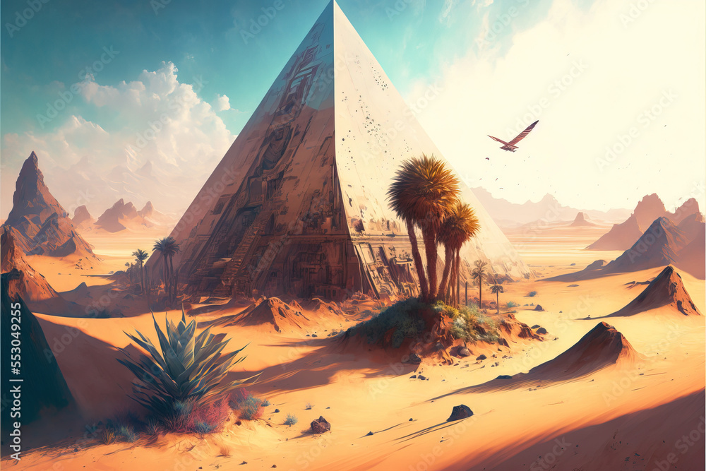 Desert with the mysterious pyramids of ancient Egypt. Fantasy desert ...
