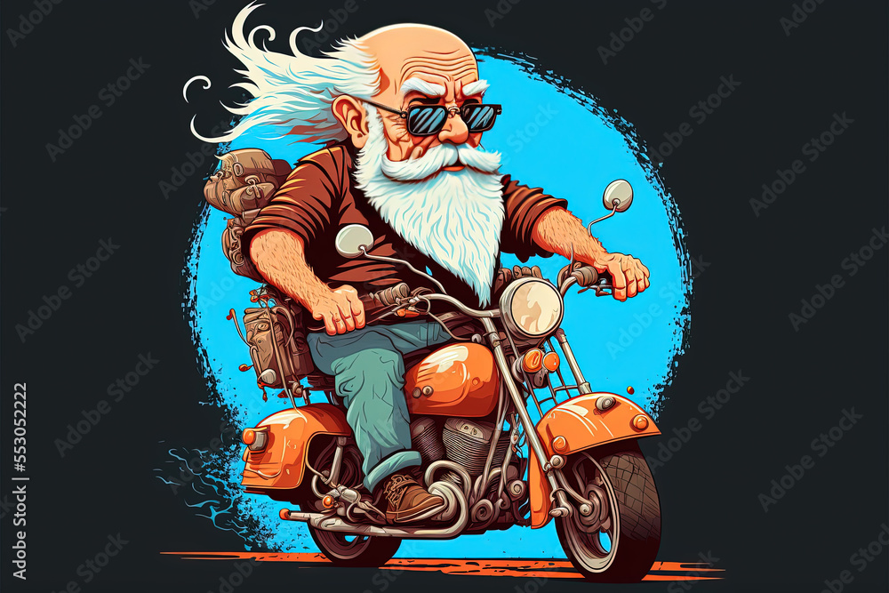 Cartoon of a cool and badass grandpa riding motorcycle. Playful and fun ...