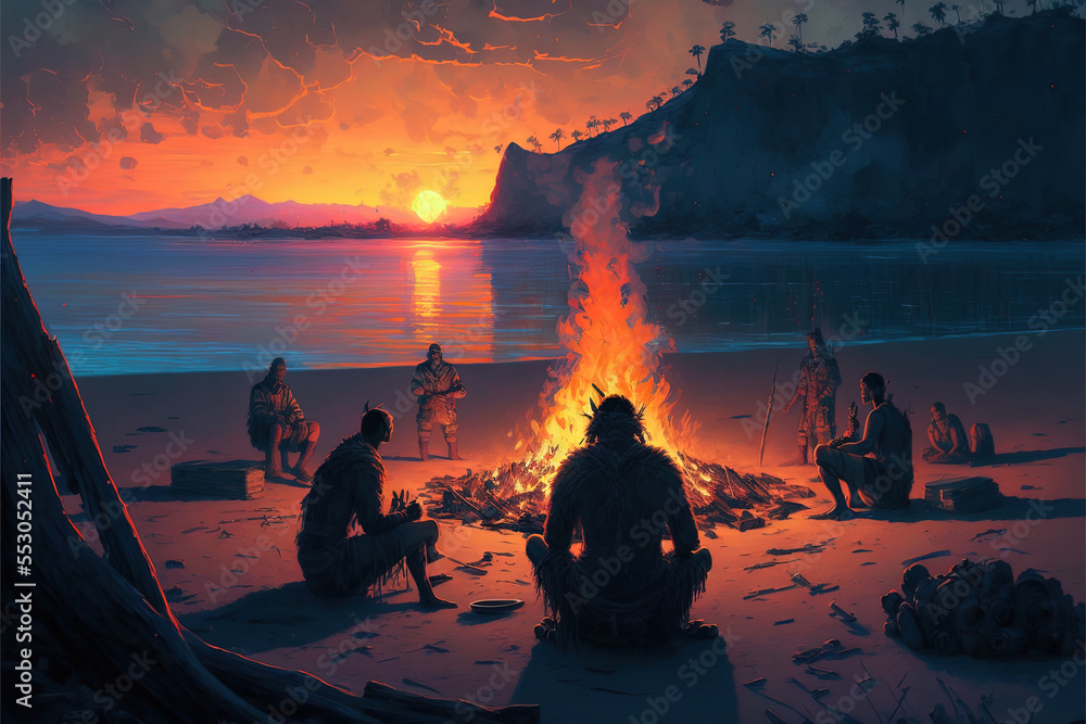 North Sentinel Islanders gathered on the beach at sunset. Tribal people ...