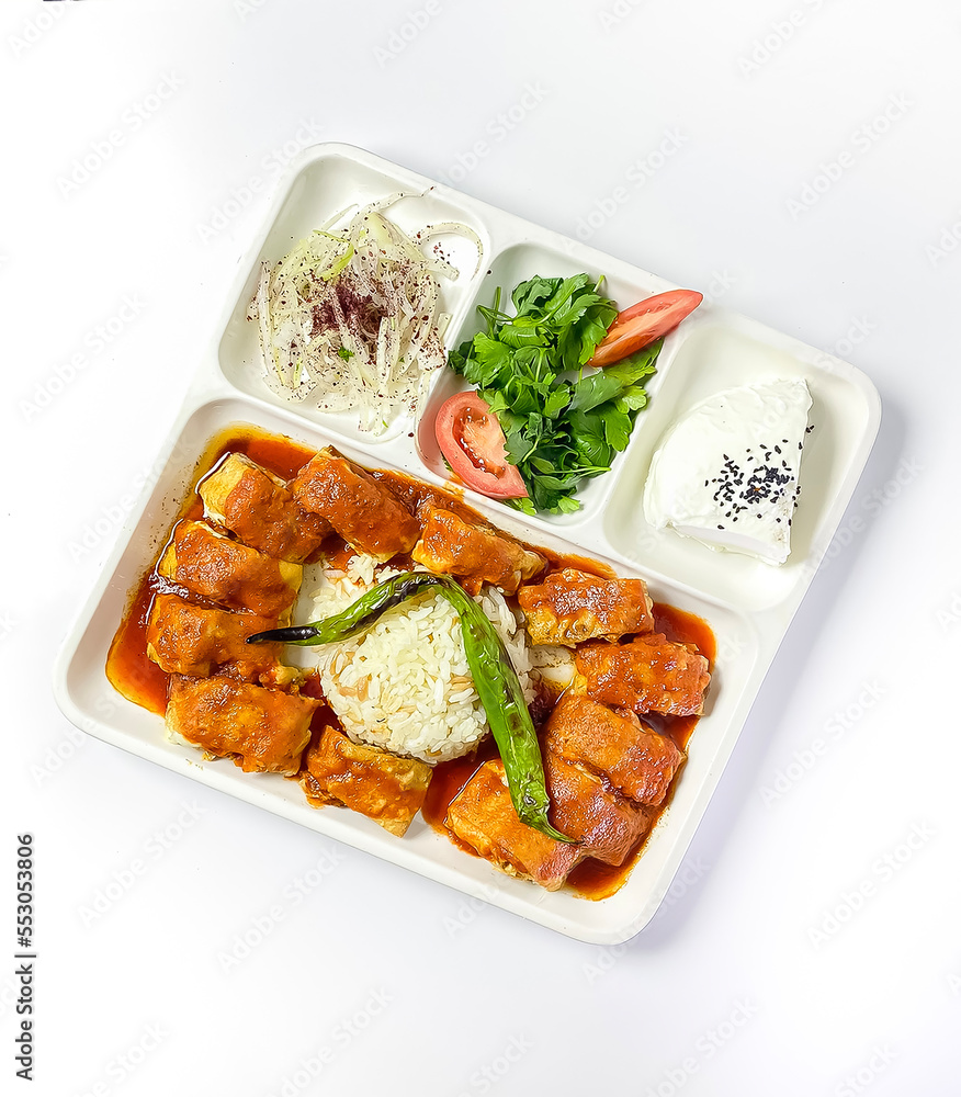 Traditional Turkish beyti Kebab with yoghurt, grilled tomatoes and ...