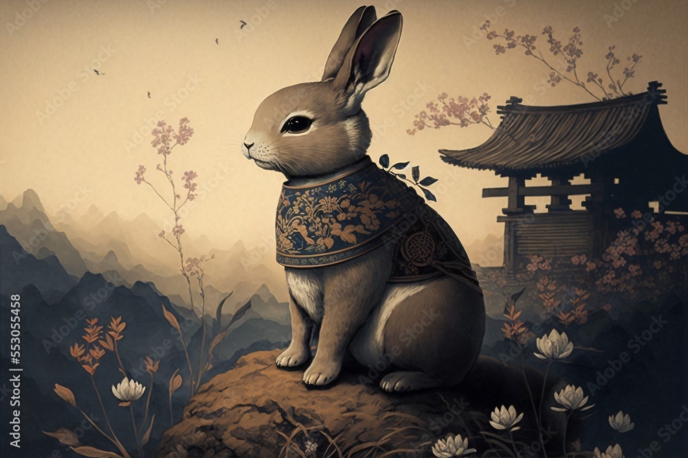 traditional illustration of a water rabbit for the chinese new year ...