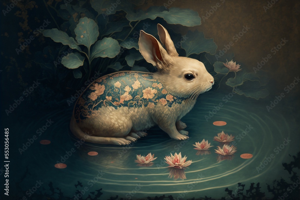 traditional illustration of a water rabbit for the chinese new year ...