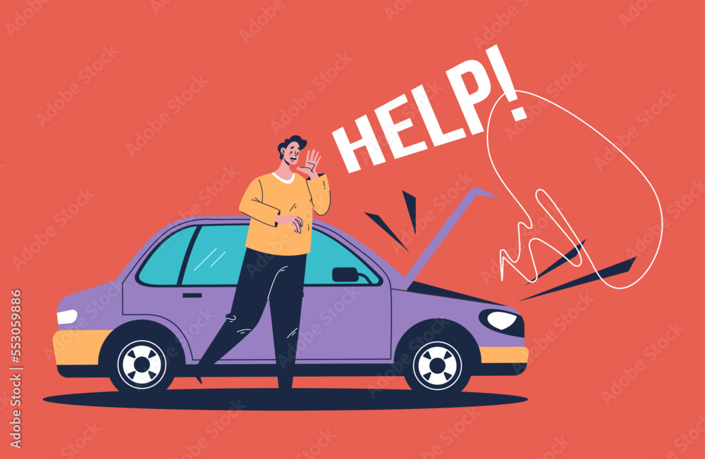 Grafika wektorowa Stock: Broke car on roadside crash accident help ... Grafika wektorowa Stock: Broke car on roadside crash accident help ...
