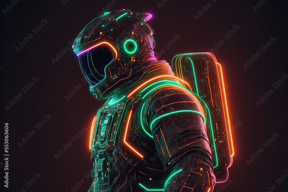 Neon astronaut in space suit with glowing lights isolated on black ...