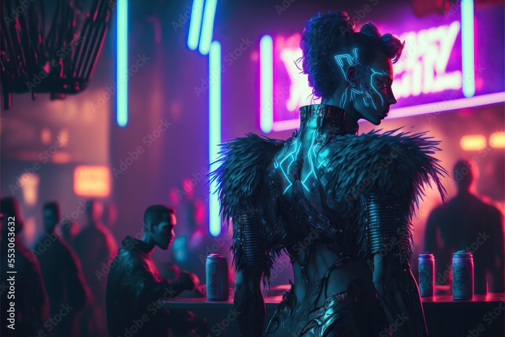 Interior of cyberpunk city bar club at night. Female and male patrons ...