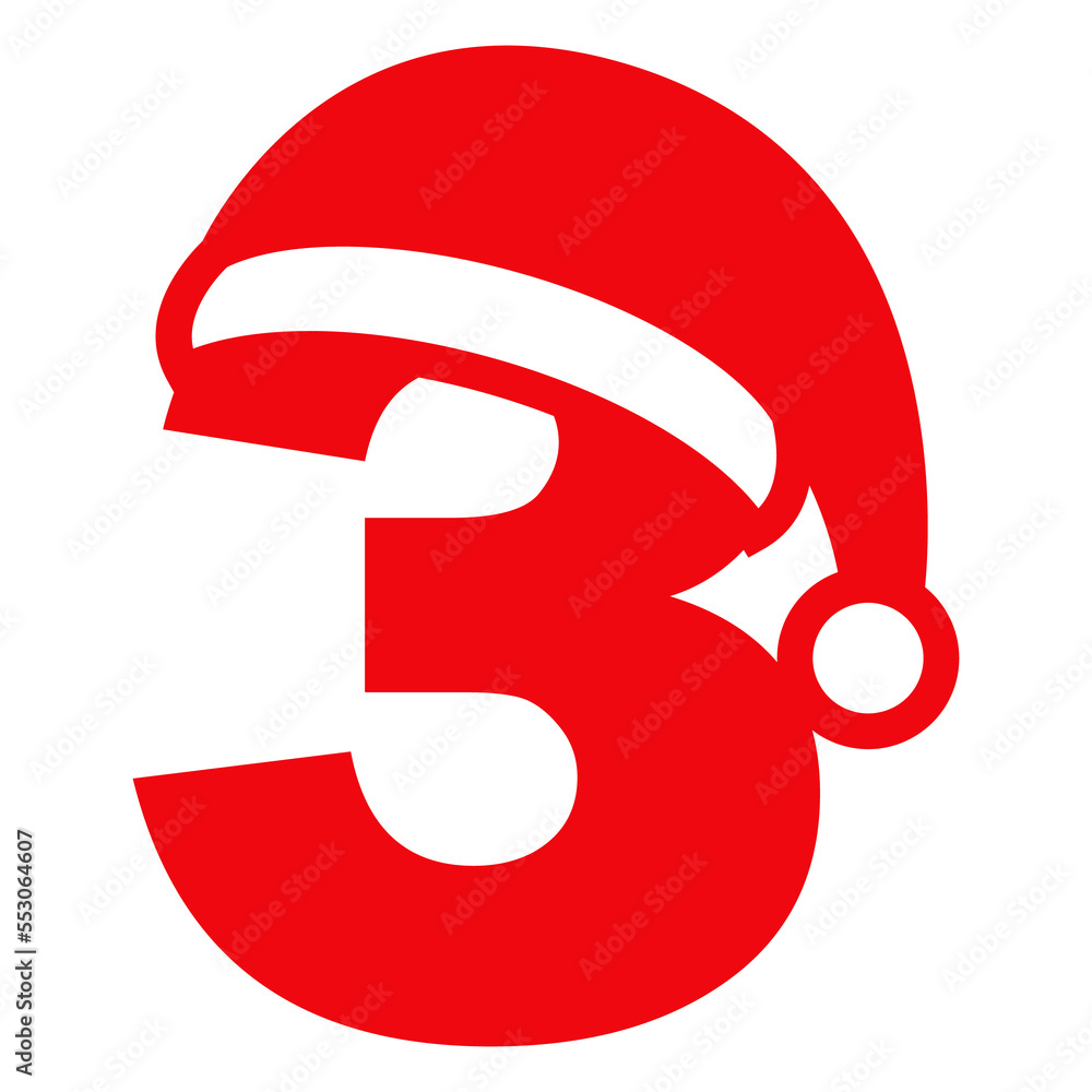 Logo aislado con cifra número 3 con silueta de gorro Papá Noel para su ...