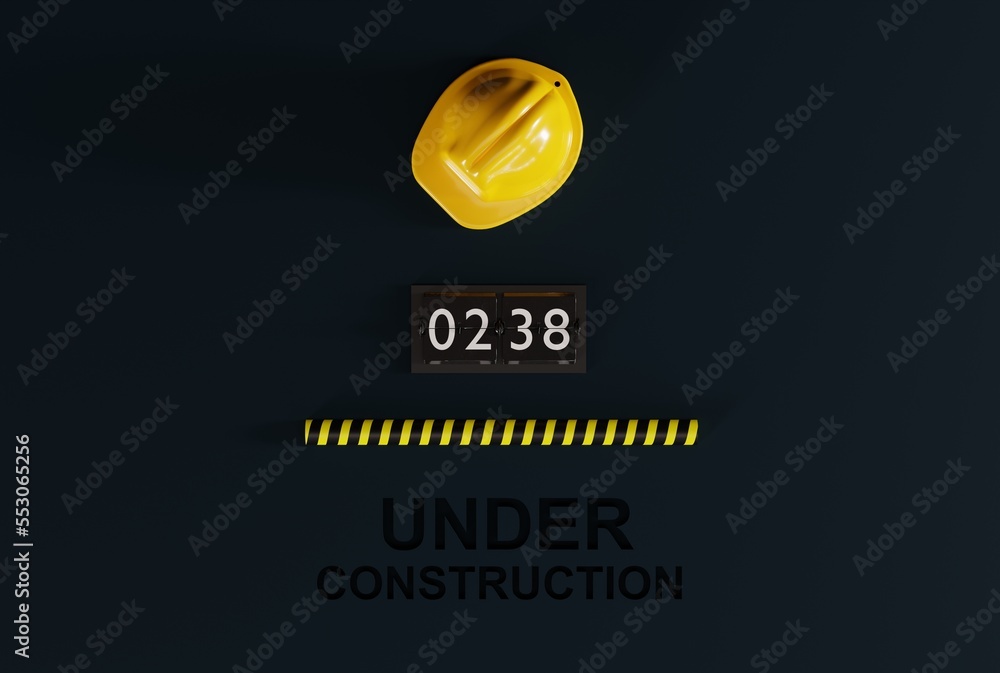 A construction helmet and a countdown clock with SOON written under ...