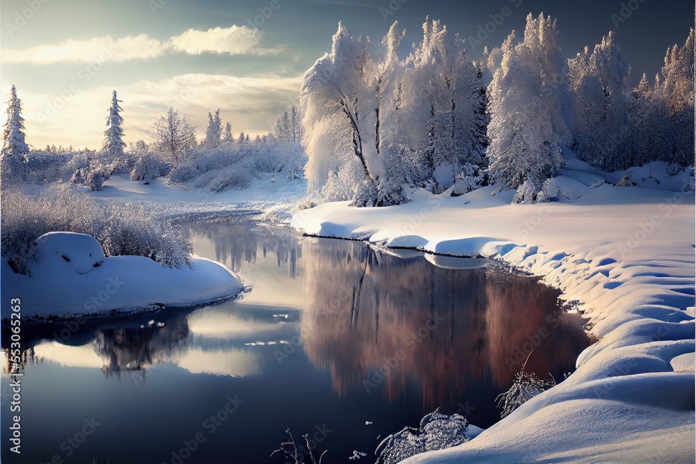 Nature Winter Landscape with Lake Reflections, Snowy Trees and Pine ...