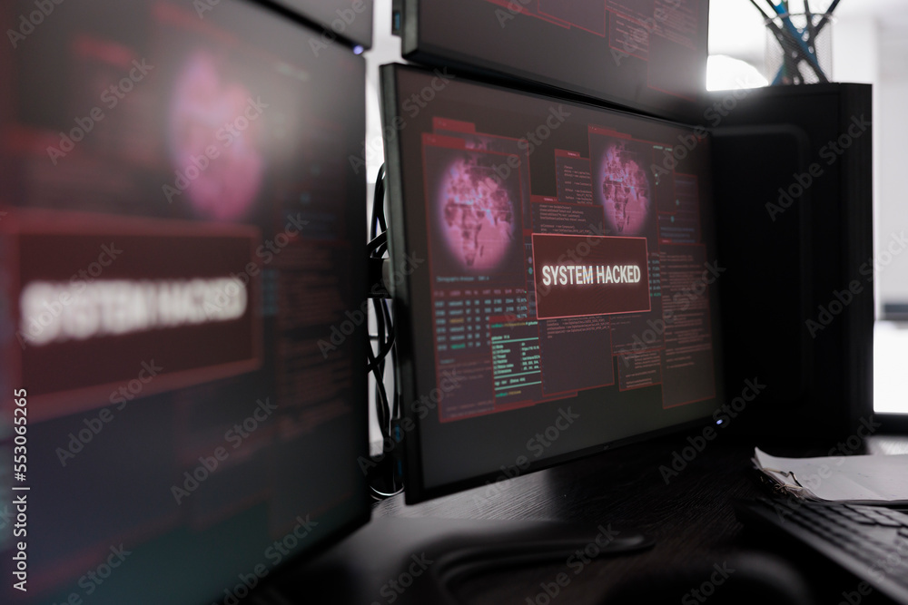 Hacked system alert message showing on multiple monitors flashing ... Hacked system alert message showing on multiple monitors flashing ...