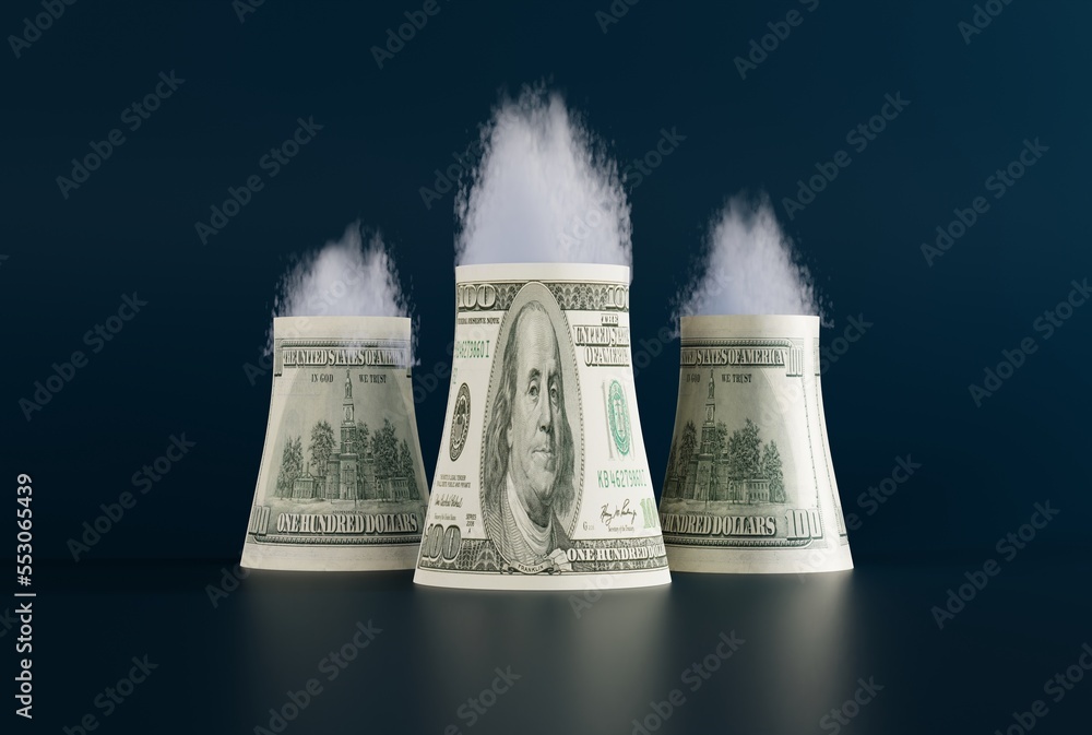 Chimney of the power plant in the form of a banknote, dollars. The ...