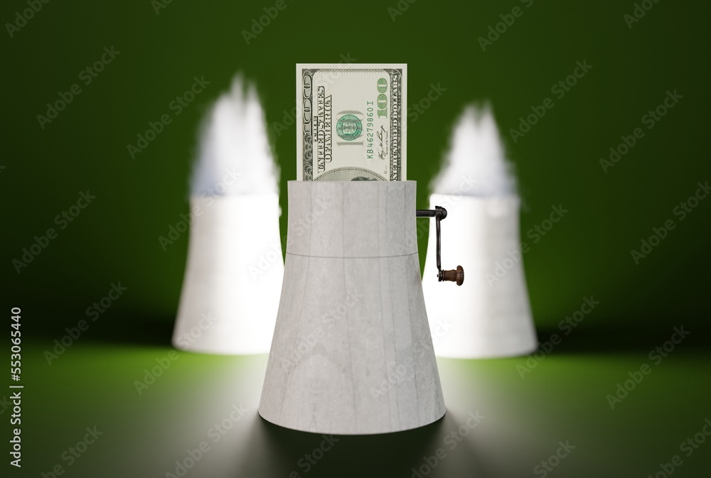 Chimneys of the power plant with smoke and a crank that the hand moves ...