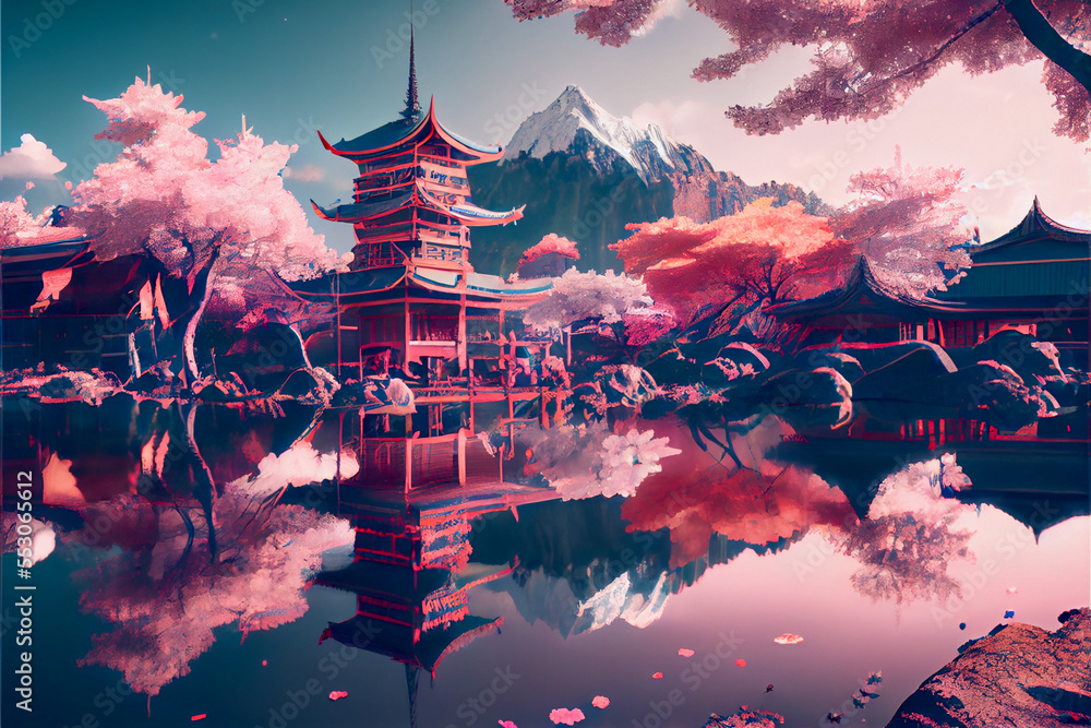 Generative AI render of a Japanese fantasy landscape Stock Illustration ...