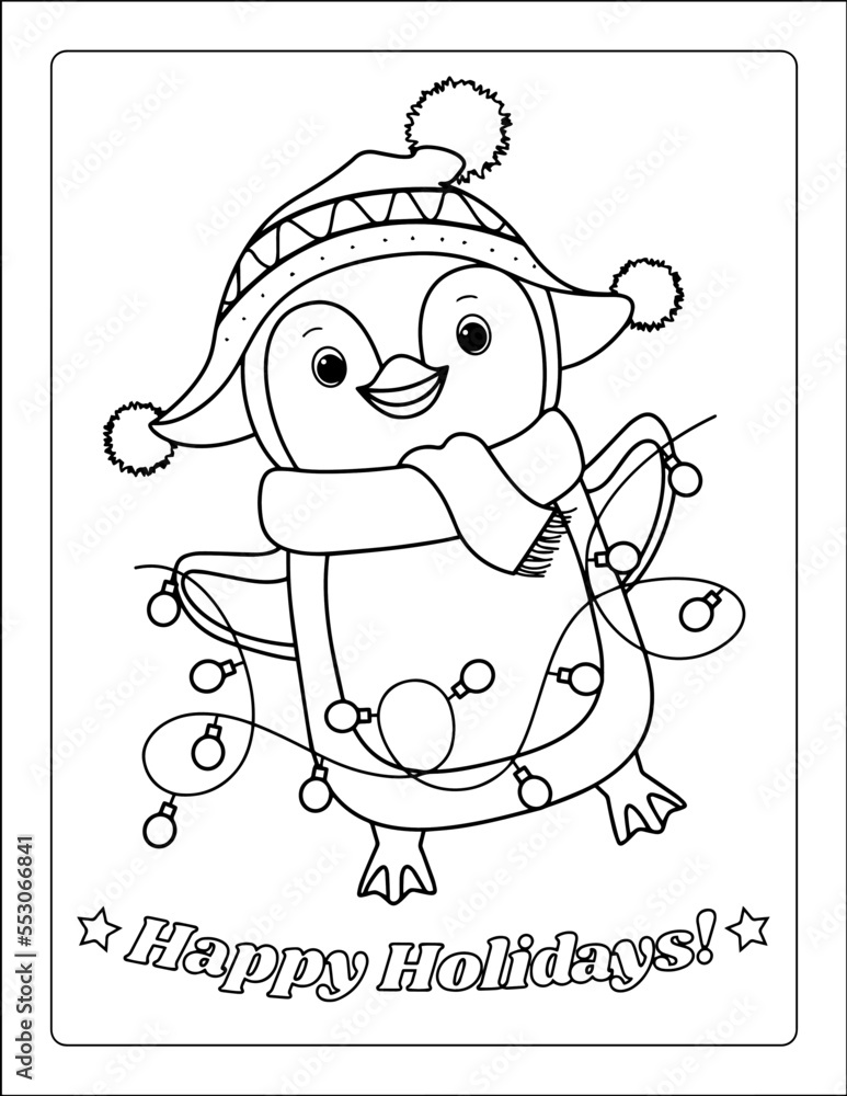 Christmas Penguin Coloring Page for Kids, Holiday Coloring Sheets ...