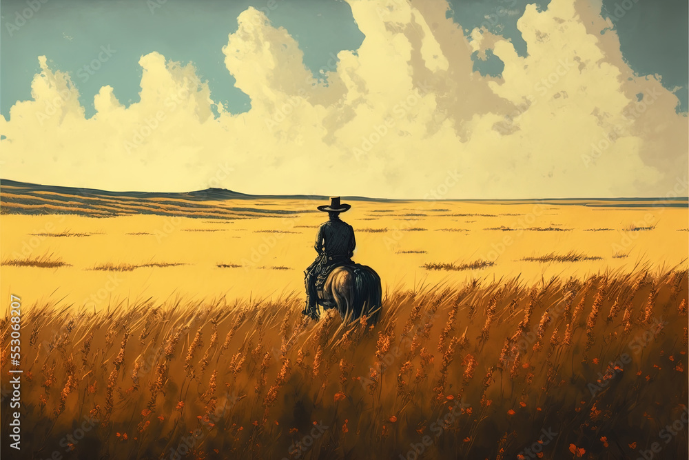 Cowboy riding on horseback in the prairie fields. Summer wheat plains ...