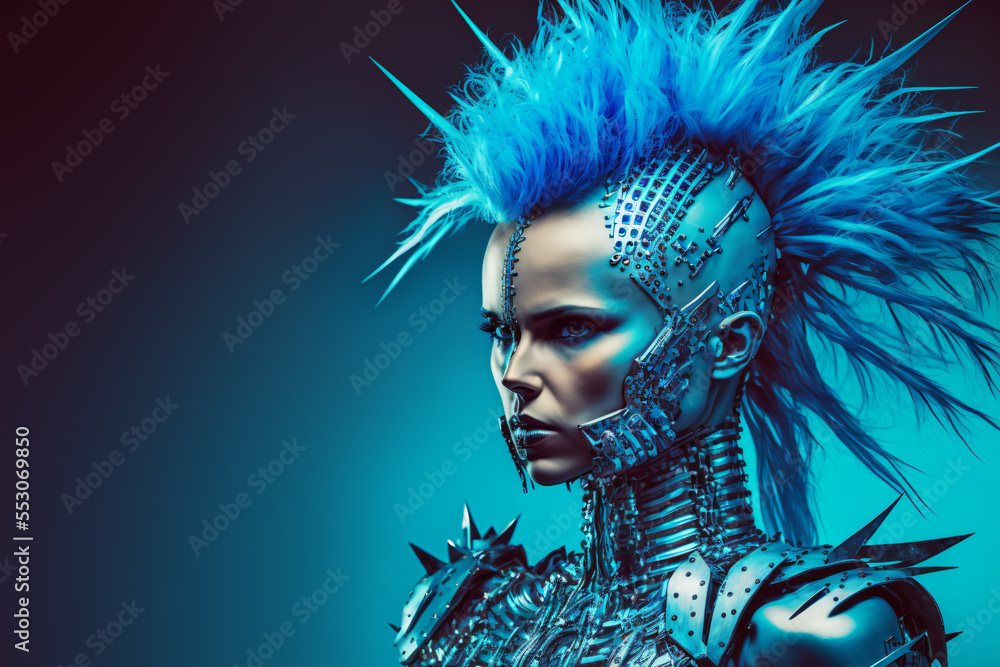 crazy female cyborg portrait, steampunk mohawk robot woman with ...