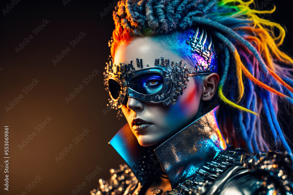 crazy female cyborg portrait, steampunk mohawk robot woman with ...