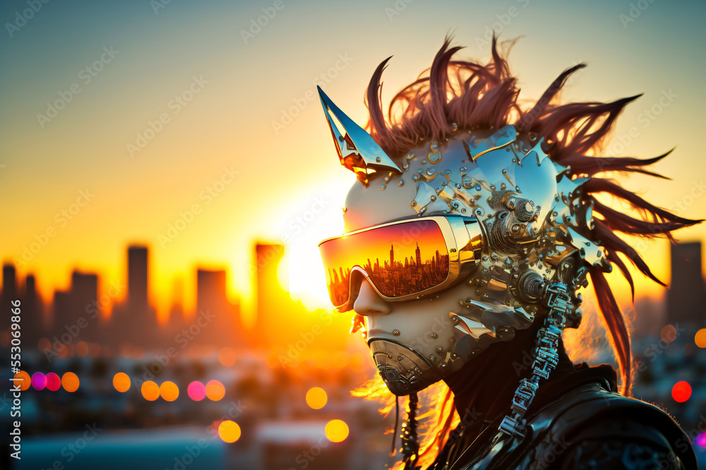 crazy female cyborg portrait, steampunk mohawk robot woman with ...