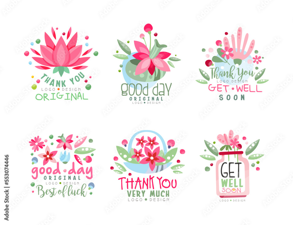 Thank You and Good Day Logo Design with Floral Elements Vector Set ...