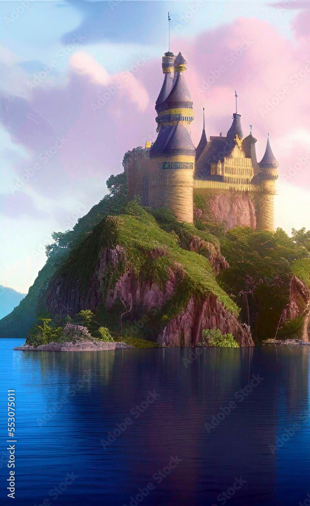 fantasy landscape, castle on the island in the lake, alien planet ...