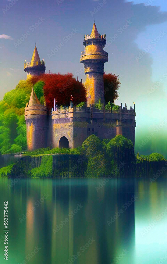 fantasy landscape, castle on the island in the lake, alien planet ...
