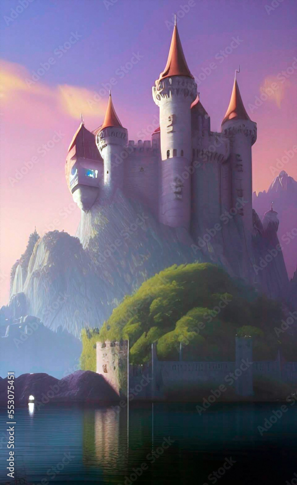 fantasy landscape, castle on the island in the lake, alien planet ...