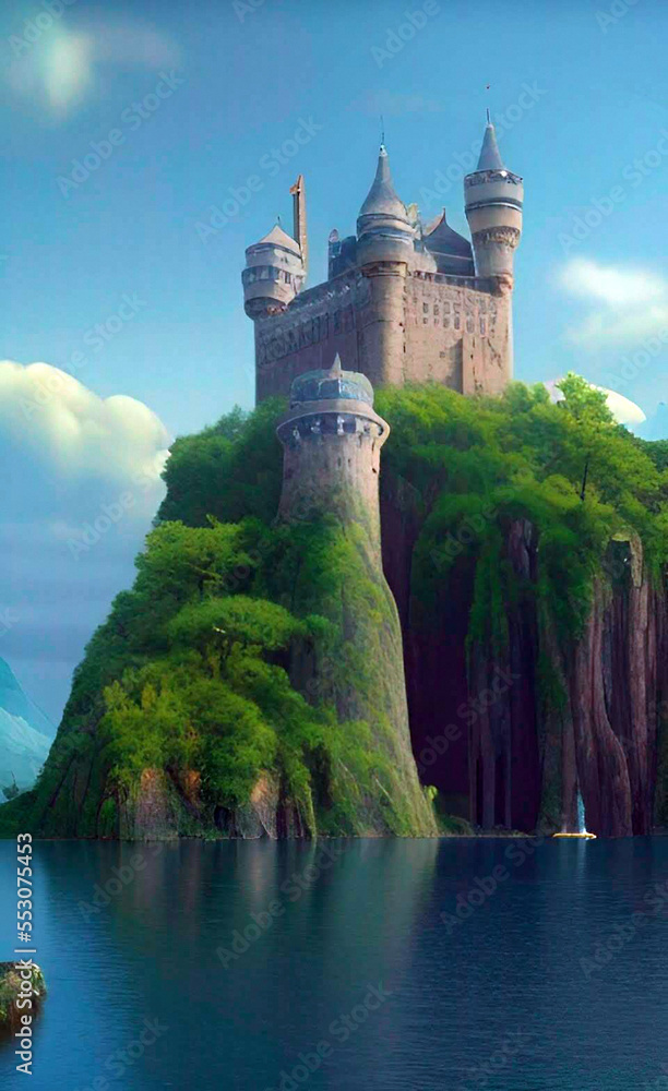 fantasy landscape, castle on the island in the lake, alien planet ...