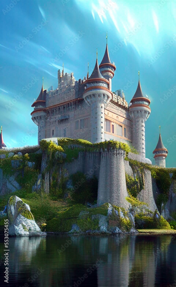 fantasy landscape, castle on the island in the lake, alien planet ...