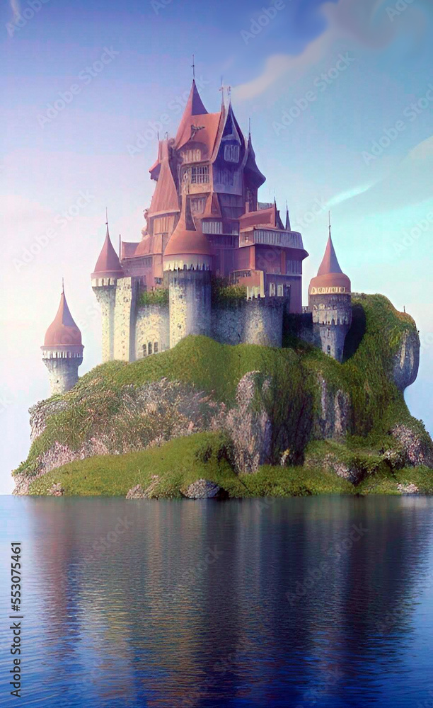 fantasy landscape, castle on the island in the lake, alien planet ...