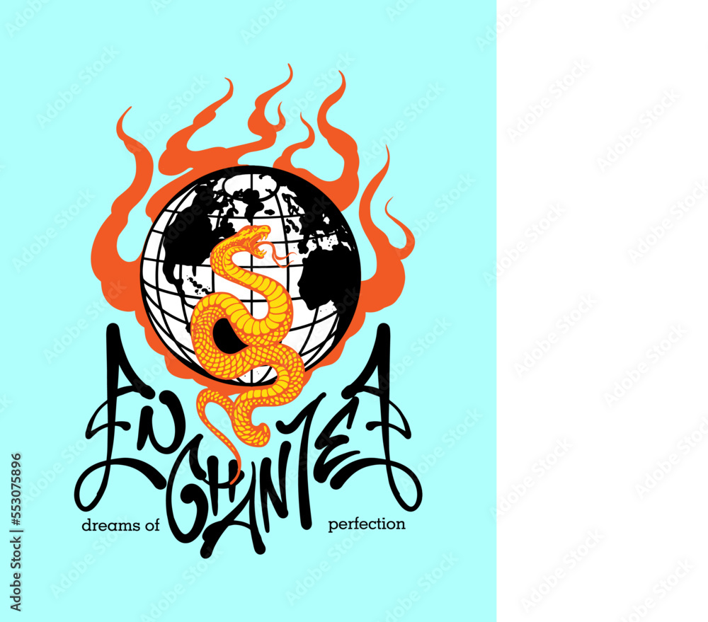 Fiery globe with a snake coiled around it and custom hand-drawn ...