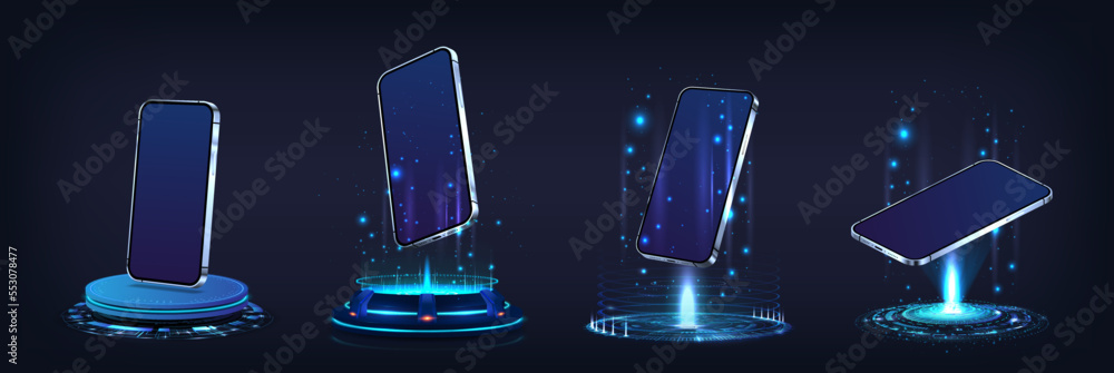 Hi-tech show mockups 3D realistic smartphone in futuristic holograms ...