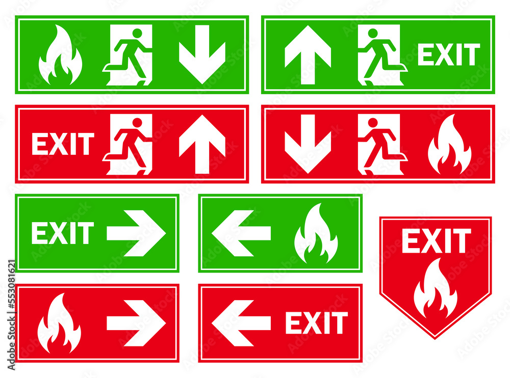 set emergency exit sign escape point evacuation man running on the door ...