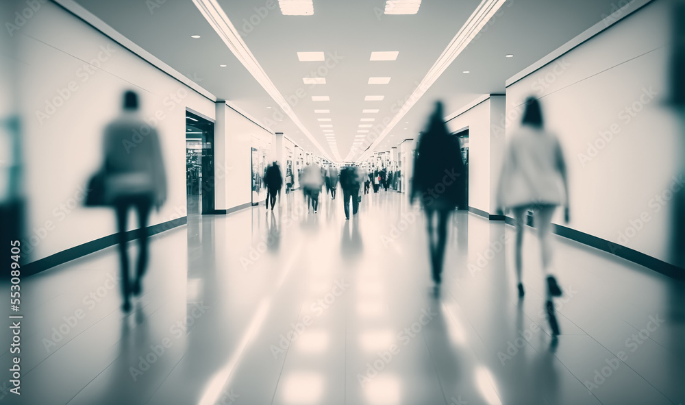 Shopping mall or business hall with people walking. Blur background ...