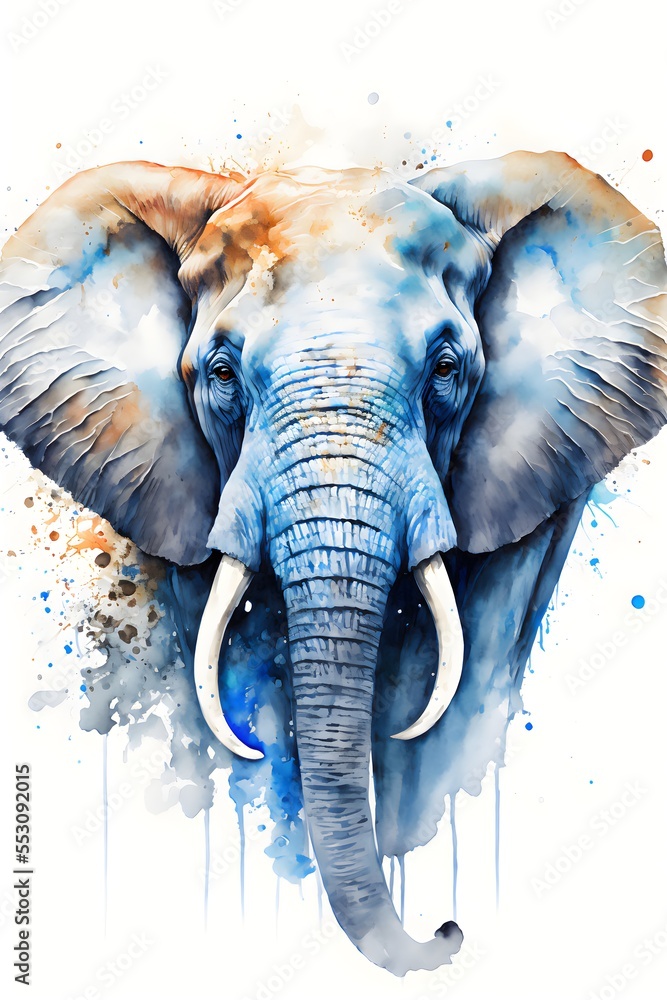This abstract ink drop illustration depicts an elephant with its trunk ...