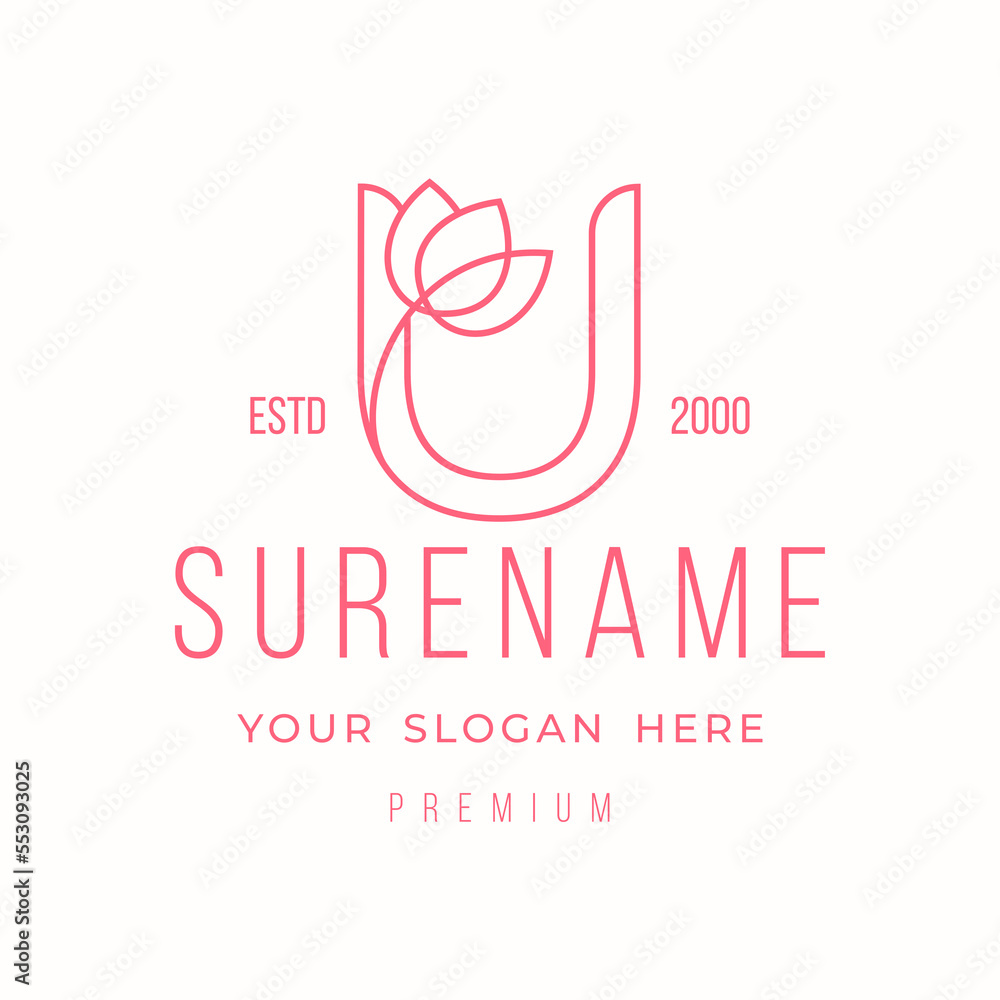 Alphabet U flower line art typography custom logo design vector ...