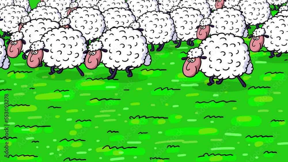 Sheep white cartoon characters herd walking third stage version. Plenty ...