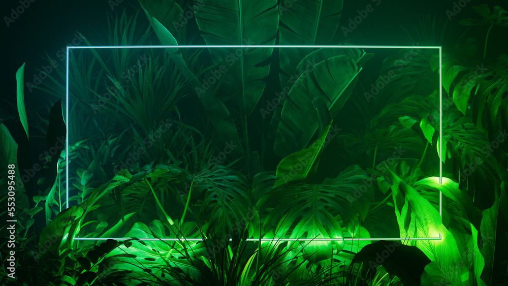 Blue and Green Neon Light with Tropical Plants. Rectangle shaped ...