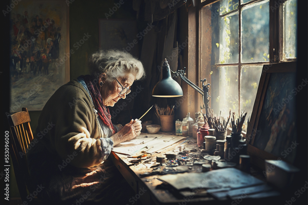 Mature old woman artist creating a painting on canvas in studio with ...