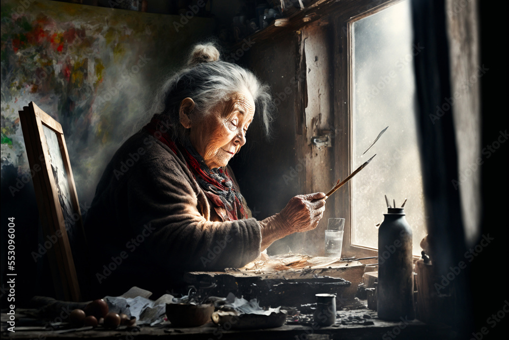 Mature old woman artist creating a painting on canvas in studio with ...