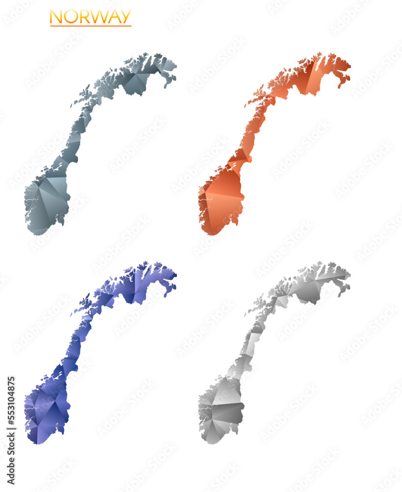 Set of vector polygonal maps of Norway. Bright gradient map of country ...