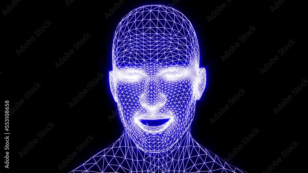 Talking mesh head. Speaking head with grid texture. Animated speaking ...