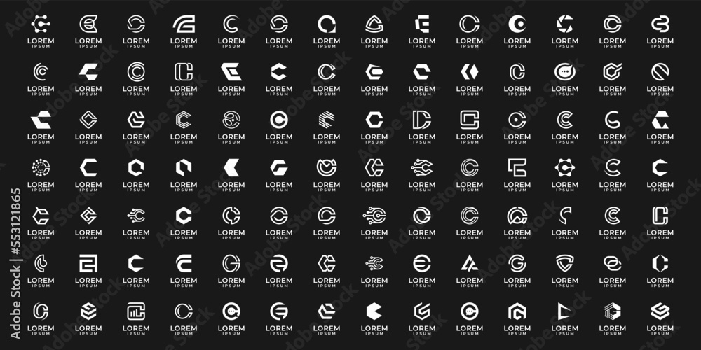 set of monogram letter C stylized white color and black background, for ...