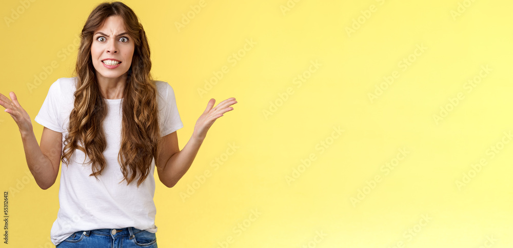 Intense pressured scary woman arguing pissed shaking hands dismay ...