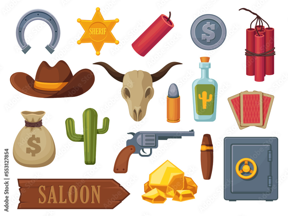 Cartoon wild west icons. Cowboy cactus rodeo saddle lasso guitar snake ...