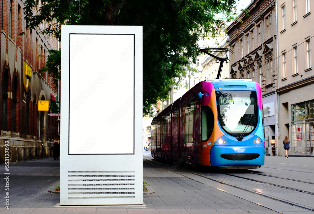 Tram stop with lightbox ad panel. poster and advertising billboard sign ...