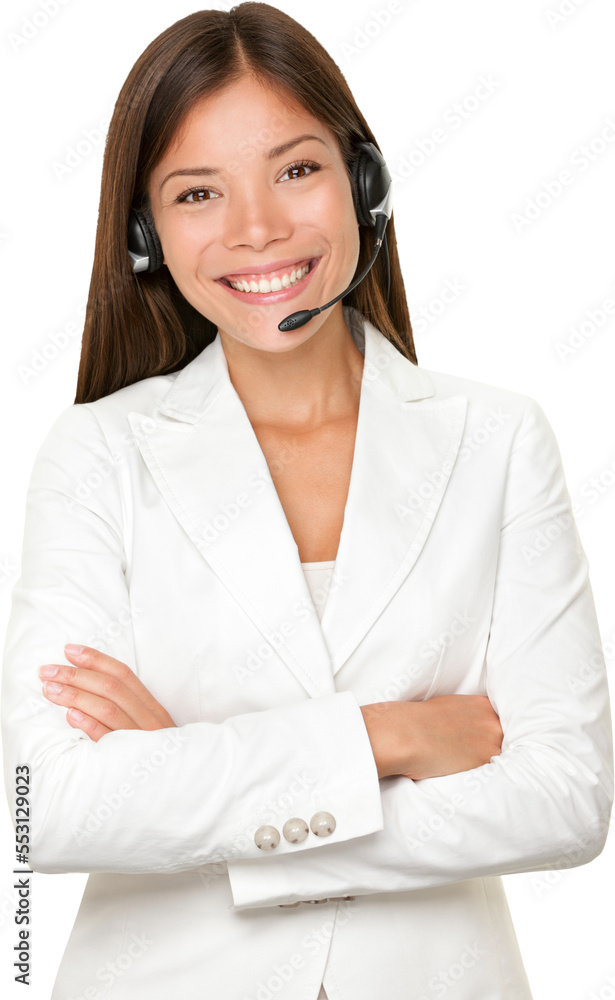 Beautiful cheerful young Asian call operator, receptionist or personal ...